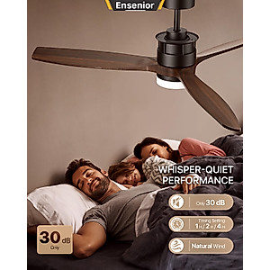 Ensenior 52’’ Wood Ceiling Fan with Light and Remote Control, Reversible and Silent DC motor, Modern Ceiling Fan with Remote for Bedroom, Living Room, 5CCT selectable LED Light, Black (335)