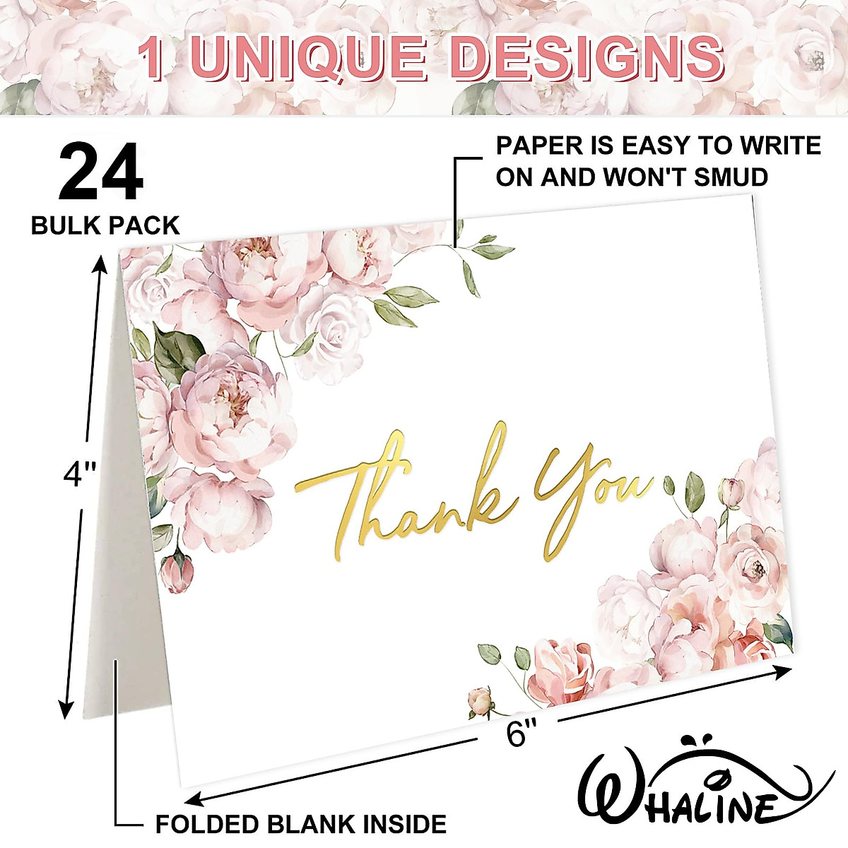 Whaline 24 Sets Floral Thank You Cards Gold Foil Thank You Greeting Cards Watercolor Pink Flower Blank Note Cards with Envelopes Stickers for Bridal Baby Shower Wedding Birthday Party, 4 x 6 Inch