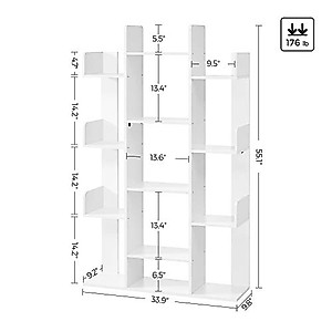 VASAGLE Bookshelf, Tree-Shaped Bookcase with 13 Storage Shelves, Rounded Corners, 9.8”D x 33.9”W x 55.1”H, White ULBC067W01