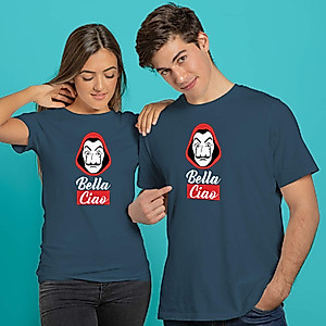 BannerBuzz, Bella Ciao Crew Neck T-Shirt Short Sleeve, Cotton Fabric, Unisex, Digitally Printed, Fabric Warranty for up to 25 Washes (XX-Large, Blue)