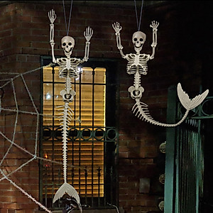 wymulot 2 Pack 33 Inches Mermaid Halloween Skeleton Pose-N-Stay Posable Movable Jonints Hanging for Halloween Decoration Decor Spooky Scene Party Favors