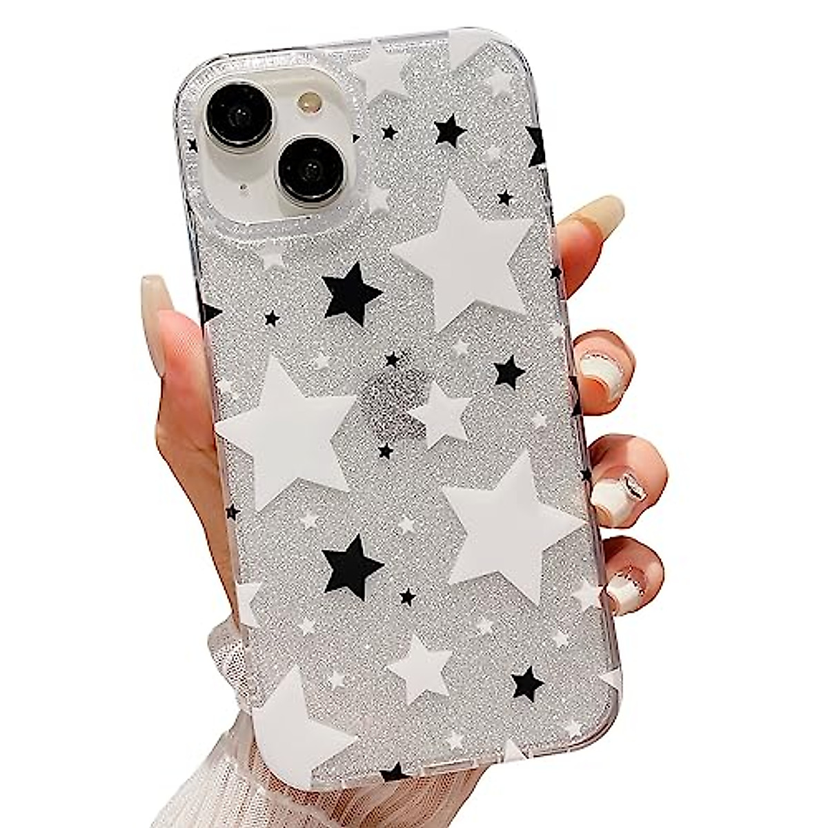 HYUEKOKO Compatible with iPhone 13 Case Bling Glitter White Black Stars Case for Women Girls, Slim Hard Back Clear Phone Case Cover for iPhone 13 6.1''