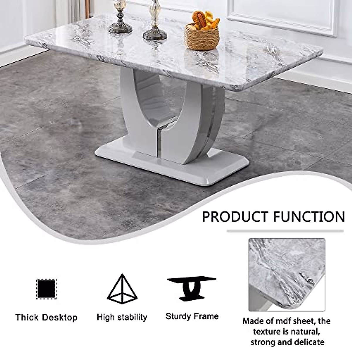 Pvillez Dining Table, Marble Texture Dining Table, Dining Room Kitchen Table, Modern Rectangle Dining Tables Set with Stone Top, White Dinner Office Computer Table for 4-6