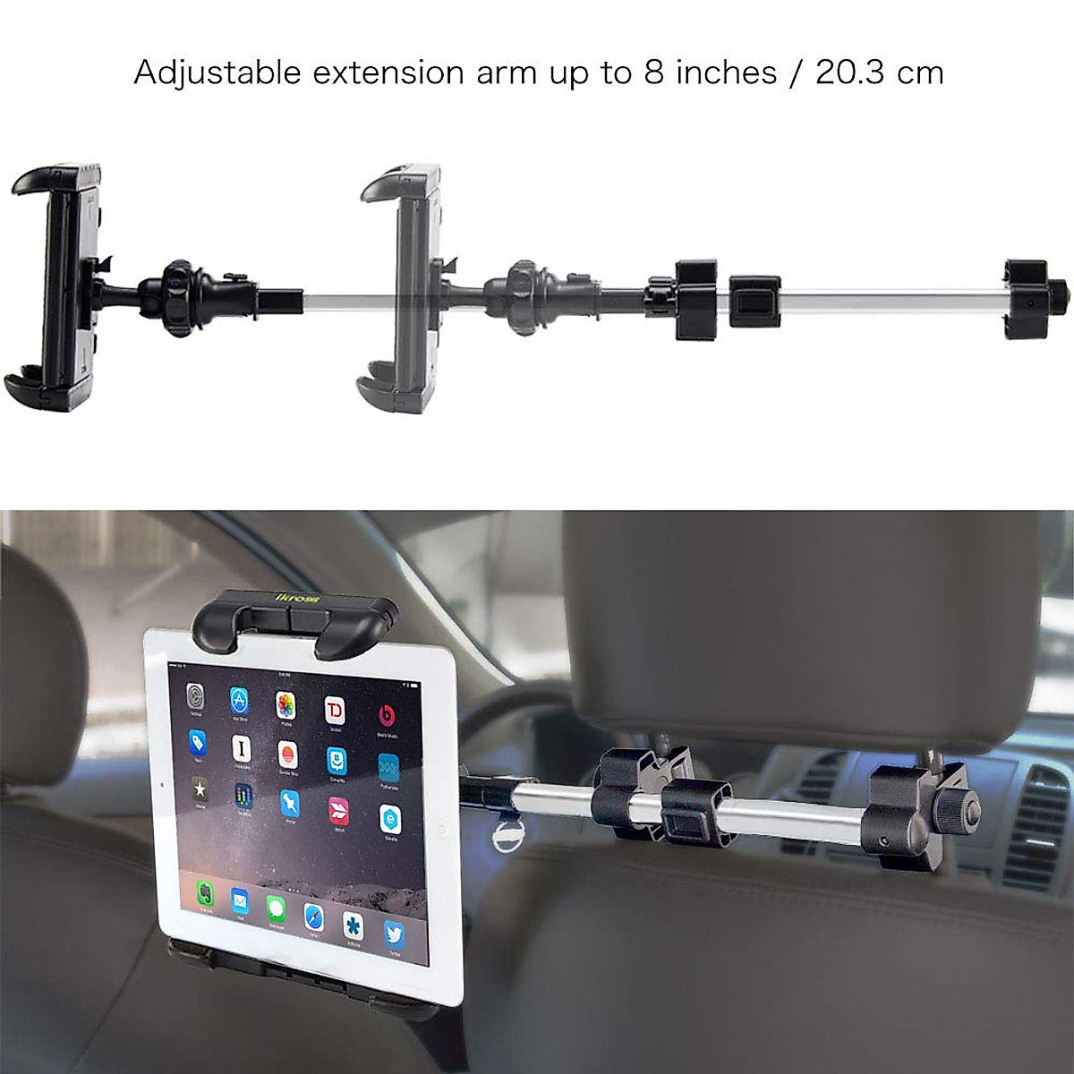 iKross Universal Car Tablet Mount Holder Headrest Backseat Extendable Mount Compatible with Apple iPad, iPhone, Tablet, Smartphone, Nintendo Switch with Dual Adjustable Positions