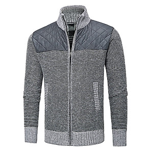 Men Full Zip Casual Knitted Cardigan Slim Color Block Fleece Lined Sweaters Stand Collar Winter Warm Thick Sweater (Grey,3X-Large)