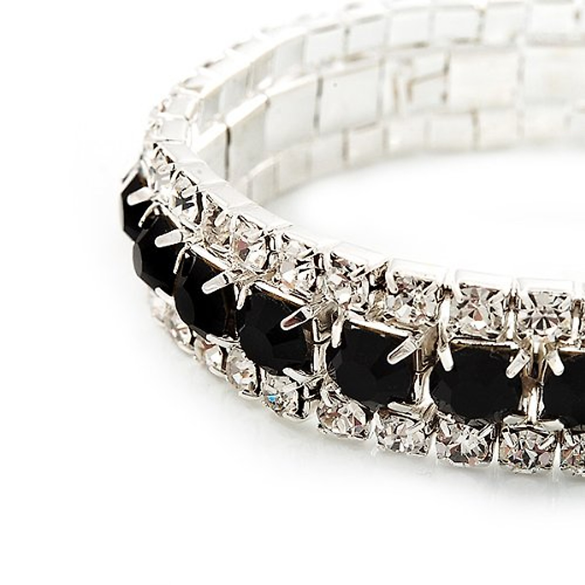 Avalaya Black & Clear Diamante Flex Bracelet (Silver Tone Metal) - 18cm Length