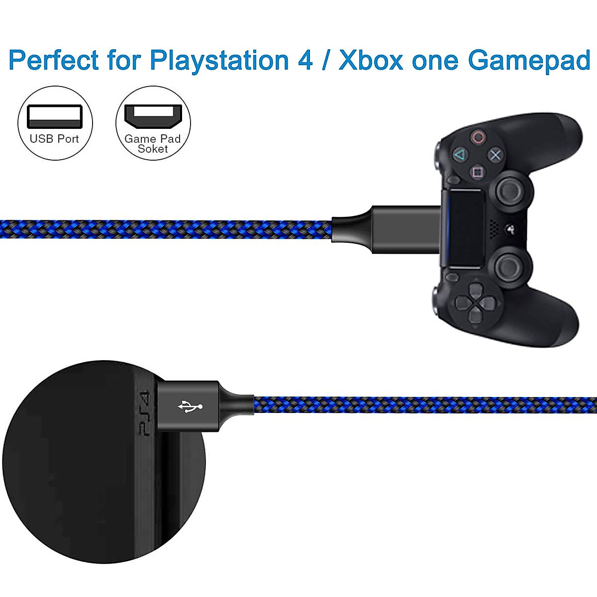 3-Pack 6FT PS4 Controller Charger Cable for Xbox One Controller,Dualshock 4,PS4 Charging Cord,Nylon Braided Micro USB Data Sync Cable for Xbox One S/X,Playstation-4,PS4 Slim/Pro,Charge and Play Wire