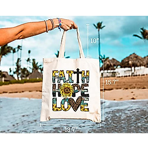 GXVUIS Faith Hope Love Canvas Tote Bag for Women Sunflowers Leopard Print Reusable Grocery Shopping Bags Christian Gifts White