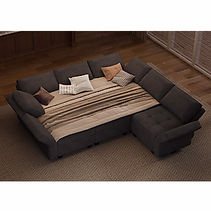 HONBAY Modular Sleeper Sectional Sofa Sectional Sleeper Couch with Storage Ottoman Reversible Modular Sofa for Living Room Dark Grey