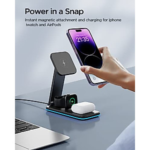 Mag-Safe Wireless Charger-Hohosb 3 in 1 Mag-Safe Charging Station,Magnetic Foldable Charging Stand for iPhone 14/13/12 Series,AirPods Pro/2/3,iWatch 8/7/6/SE/5/4/3/2-Black(18W Adapter Included)