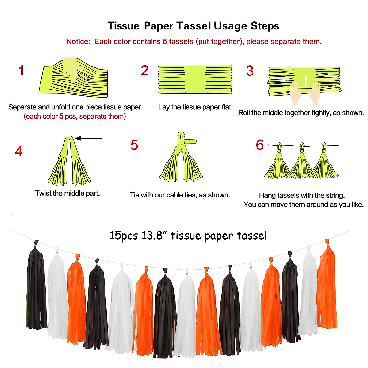 Black-White Orange Halloween Party-Decorations Tassel-Garland - 15pcs Graduation 2025 Supplies Tassels, Birthday Wedding Baby Bridal Shower Decor Panduola