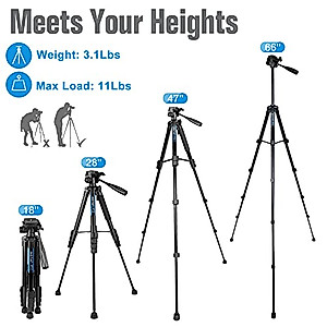 Instafoto 66'' DSLR Camera Tripod for Canon Nikon with Remote Shutter, Phone/Tablet Holder, Carry Bag (Max. Load 11 lbs)