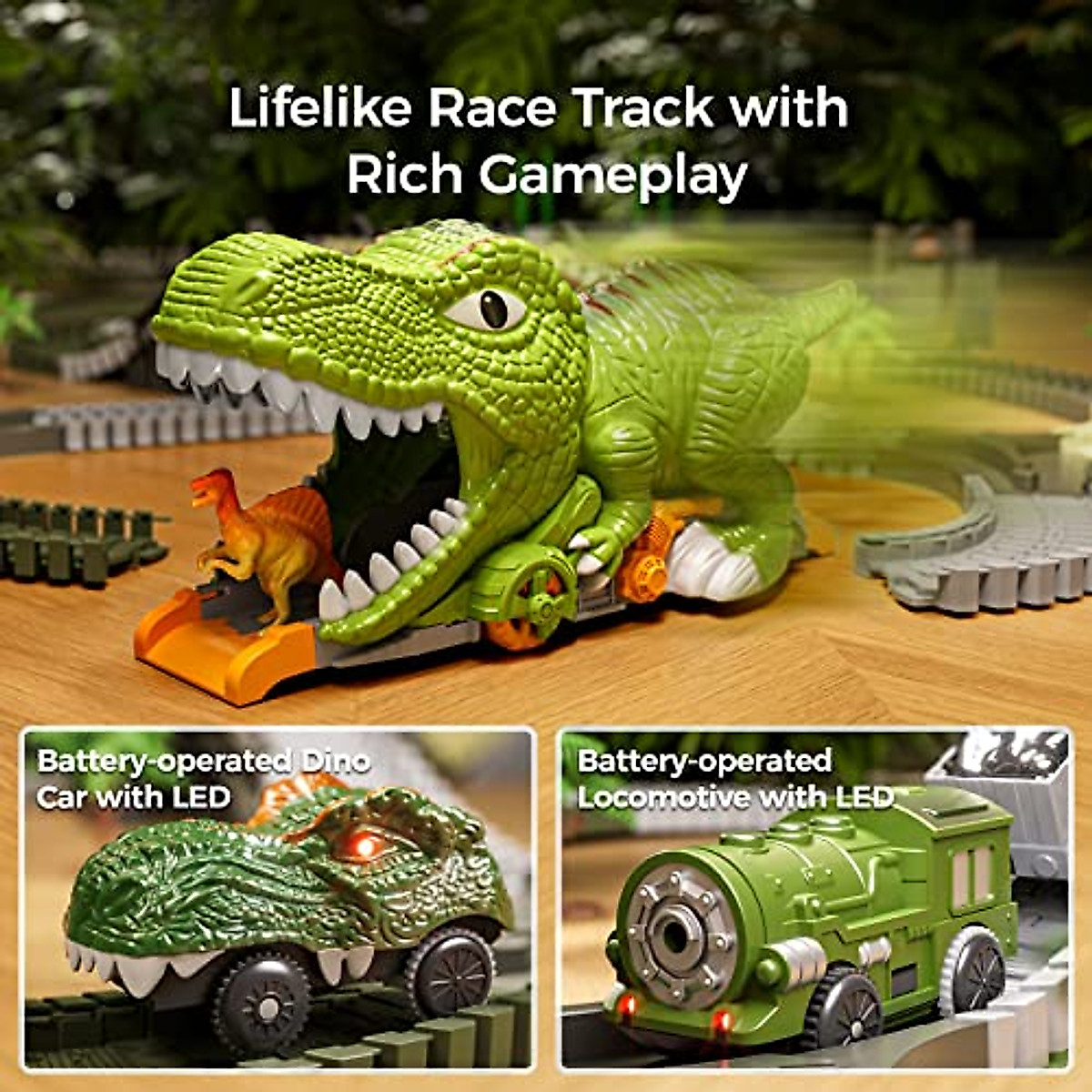 TUMAMA Dinosaur Toys Race Track, 281 Pcs Dinosaur Train Set for Kids 3-5 5-7, Flexible Train Tracks with 4 Dinosaurs Figures, 2 Electric Race Cars with Light, Create A Dinosaur Road Race for Toddlers