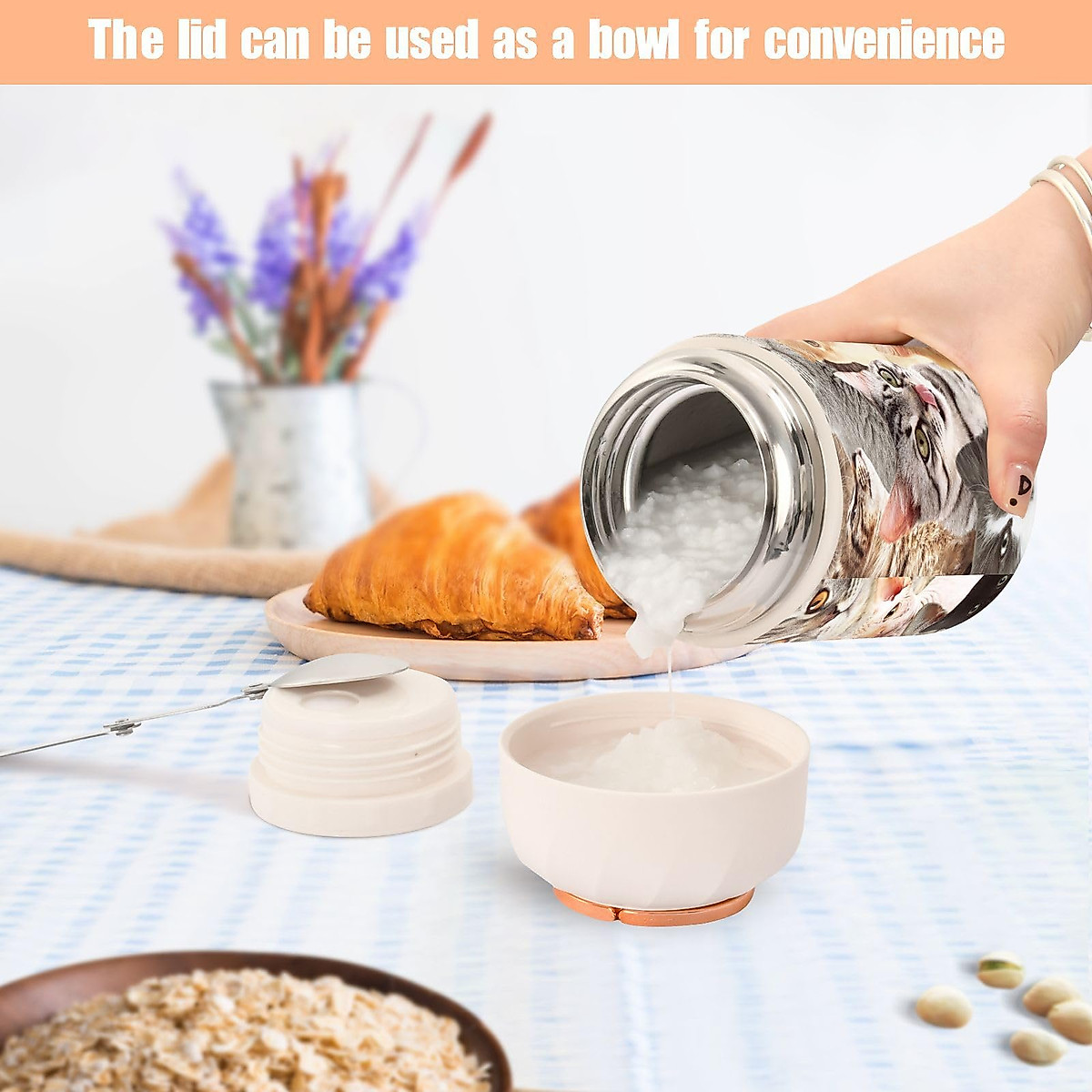 CUPADA Cat Cute Colorful Food Jar, Summer Pets Lovely Insulated Hot Food Jars Vacuum 17OZ with Folding Spoon for Work Trip Picnic Camping