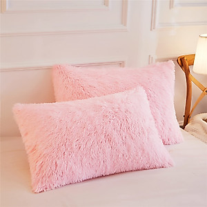 Faux Fur Pink Fluffy Pillow case, Soft Pink Decorative Fuzzy Pillow case, Cute Fluffy Pillow Covers for Home Bedroom Living Room, Zipper Closure, Set of 2 (Pink, Standard 20"x 26")