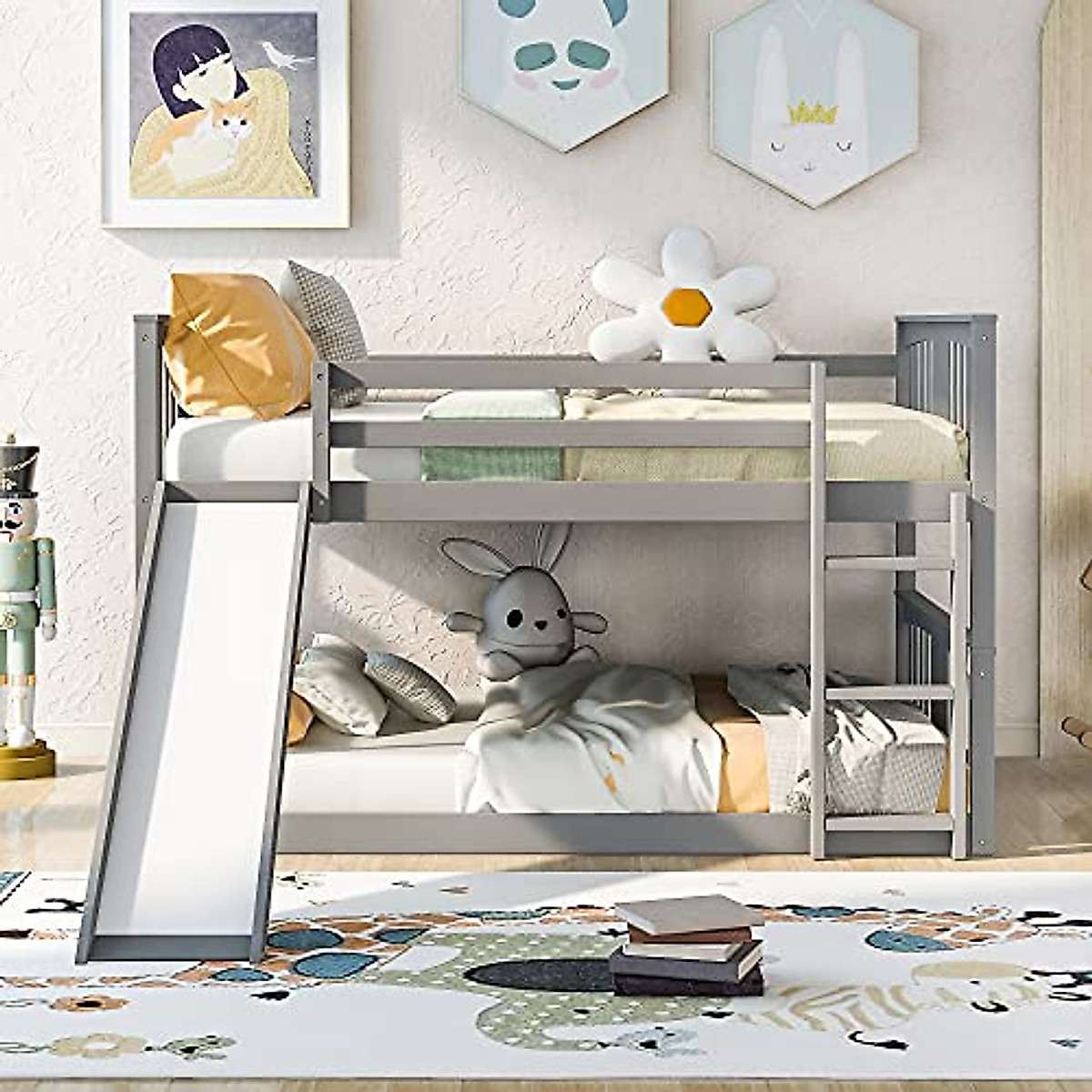 ERDAYE Full Over Full Bunk Bed with Slide and Ladder, Wood Bunkbed w/Safety Guardrails, Solid Slat Support Bedframe for Kids Teens, No Box Spring Needed, Grey