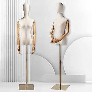 Bonnlo Dress Form with Head and Posable Wood Arms, Height Adjustable Mannequin Torse Body, Female Clothing Display Model with Metal Base