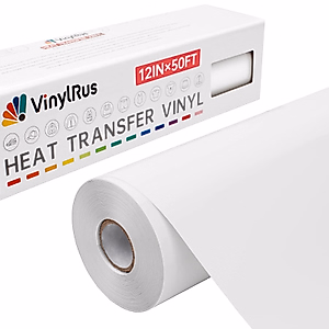 VinylRus Heat Transfer Vinyl-12” x 50ft White Iron on Vinyl Roll for Shirts, HTV Vinyl for Silhouette Cameo, Cricut, Easy to Cut & Weed