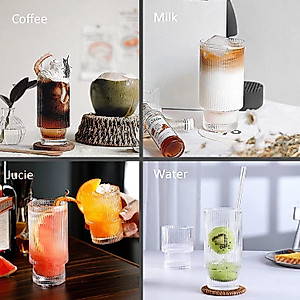 ALINK Ribbed Drinking Glasses with Glass Straws 6pcs Set, Vintage Iced Coffee Cups Glassware, Origami Style Ridged Glass Tumbler for Coocktail, Whiskey, Beer, Water - 2 Cleaning Brush