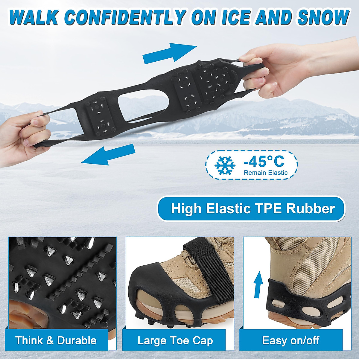 Ice Snow Traction Cleats for Shoes and Boots Non-Slip Crampon Snow Cleats for Winter Walking on Snow and Ice Boots Cleats for Men Women Walking Jogging Hiking (24 Steel Crampons, Size L)