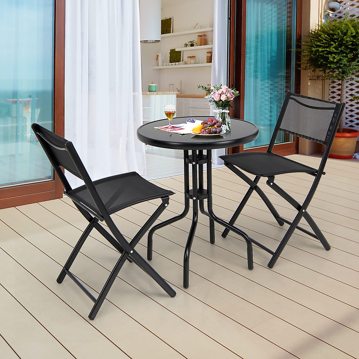 Tangkula 3 Pieces Folding Patio Bistro Set, Outdoor Folding Chairs & Table Set with Tempered Glass Tabletop, Round Table & Foldable Chairs, Outdoor Furniture Set for Garden, Poolside & Backyard