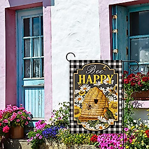 Covido Home Decorative Bee Happy Spring Garden Flag, Daisy Flowers Bird House Yard Buffalo Plaid Check Hive Sunflower Honeycomb Outside Decoration, Summer Farmhouse Outdoor Small Burlap Decor 12 x 18