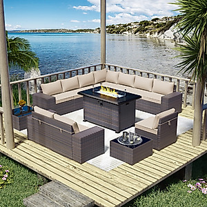 ASJMR Outdoor Patio Furniture Set with Gas Fire Pit Table, 13 Pieces Outdoor Furniture Set Patio Sectional Sofa w/43in Propane Fire Pit, PE Wicker Rattan Patio Conversation Sets (Sand)