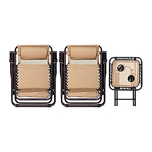 Amazon Basics Zero Gravity Chair with Side Table, Set of 2, Relaxing, Cup Holders,Arm Rest,Foldable, Alloy Steel, Beige