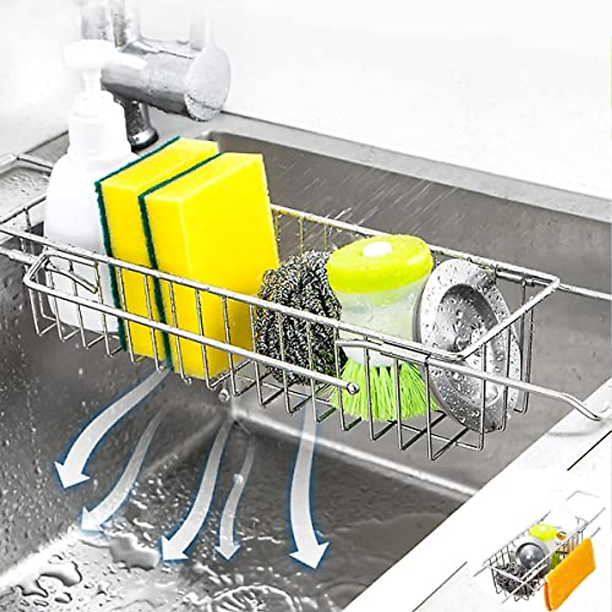 Kitchen Sink Caddy Sponge Holder, Kitchen Sink Caddy Expandable with Dish Cloth Hanger, Stainless Steel Kitchen Sink Organizer Drying Rack Basket, No Drilling