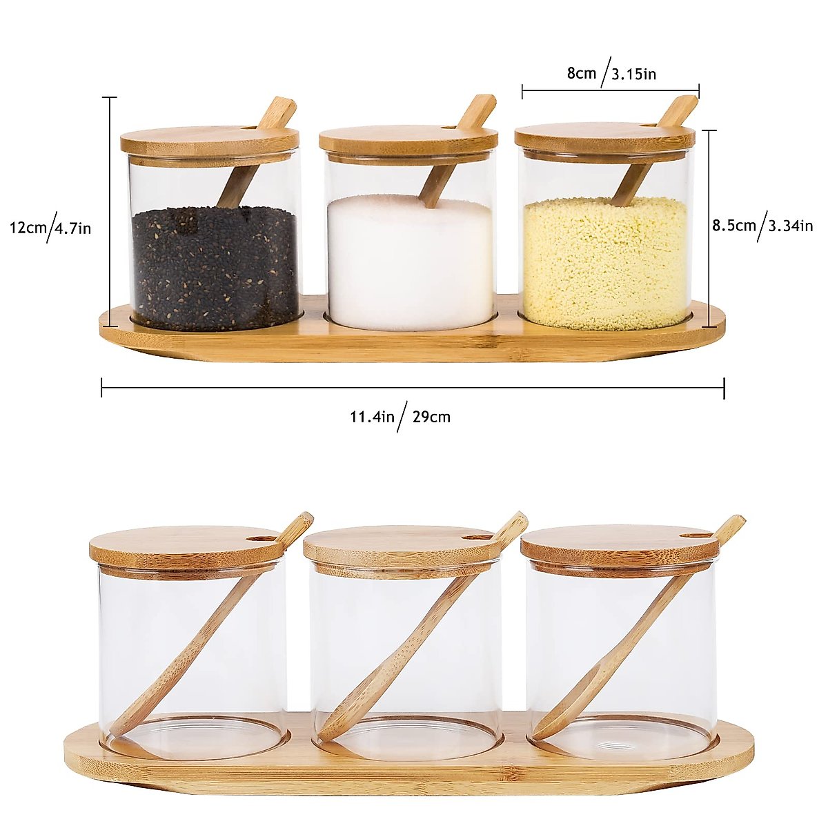 HONGCHU Seasoning Box，Condiment Pots，Glass Condiments Container Condiment Jars with Spoons Container for Spice Salt Sugar Cruet 3P
