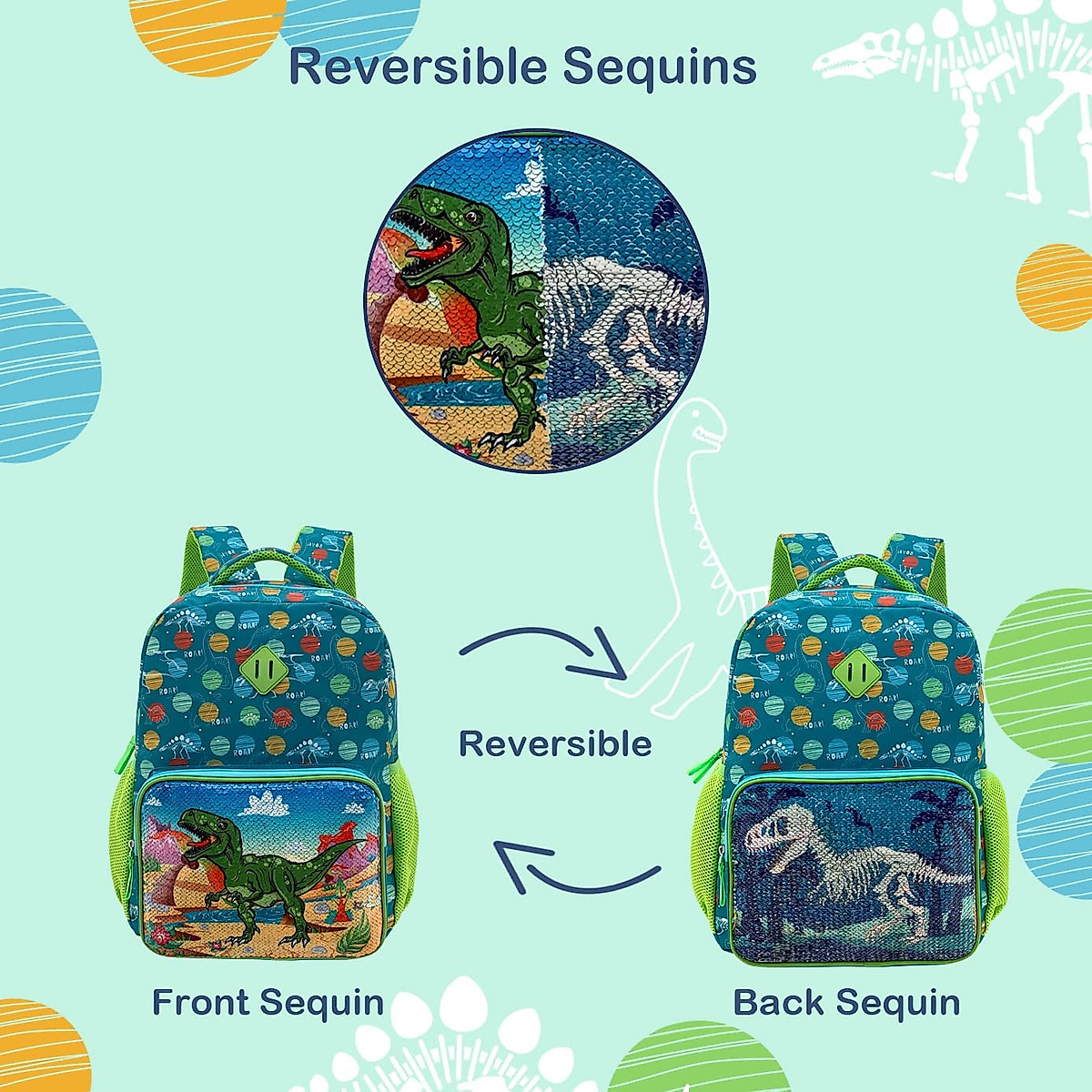 HAPPYSUNNY Dinosaur Backpack for Kids 3-5 or 5-7 Boys Girls with Reversible Sequins 15 Inch Green Cute Bookbags for Preschool Early Elementary Kindergarten Children with Chest Strap