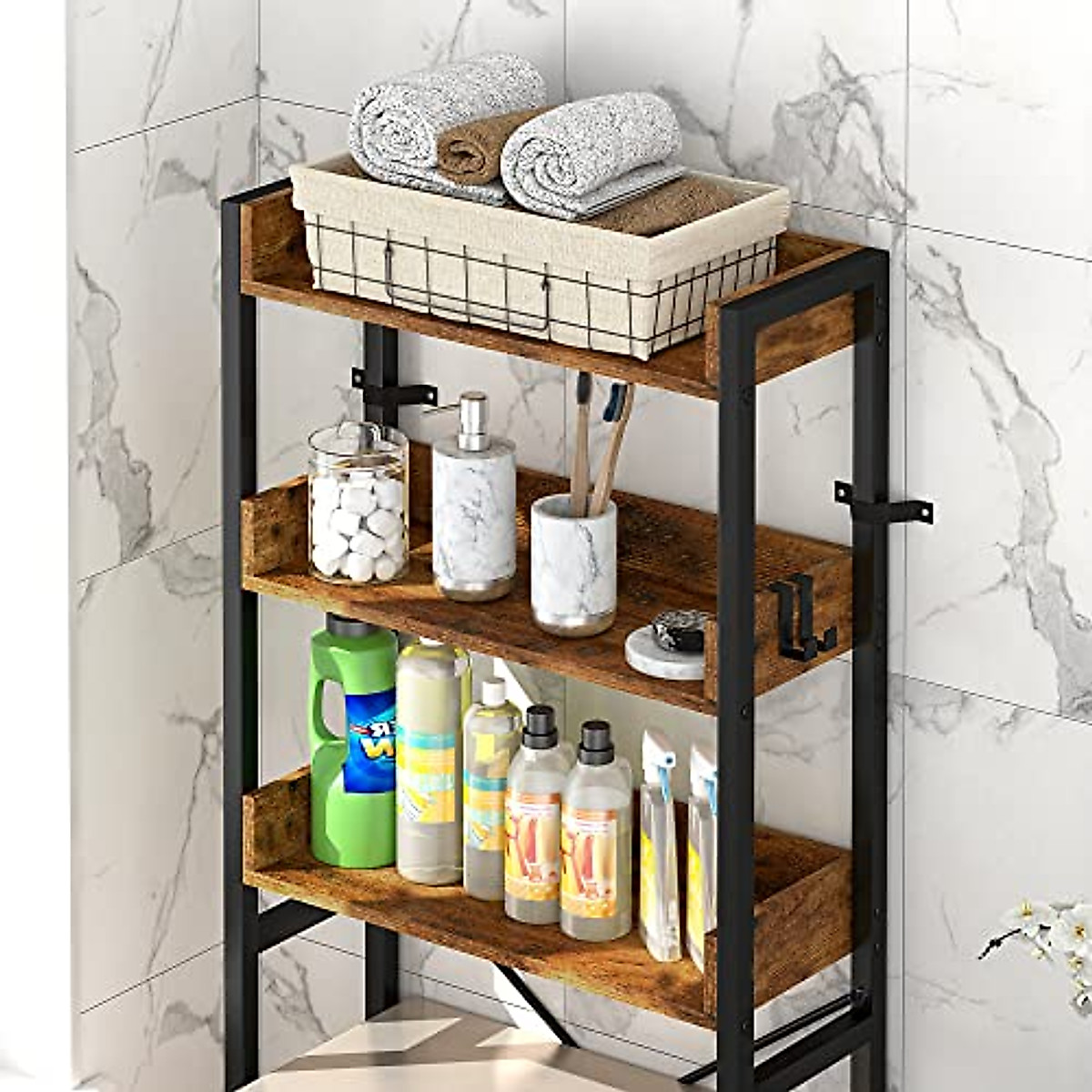 NicQliear Over The Toilet Storage Rack - 3-Tier Bathroom Organizer Shelf Over Toilet - Bathroom Space Saver Above The Toilet with 2 Hooks and 1 Toilet Paper Storage - Rustic Brown