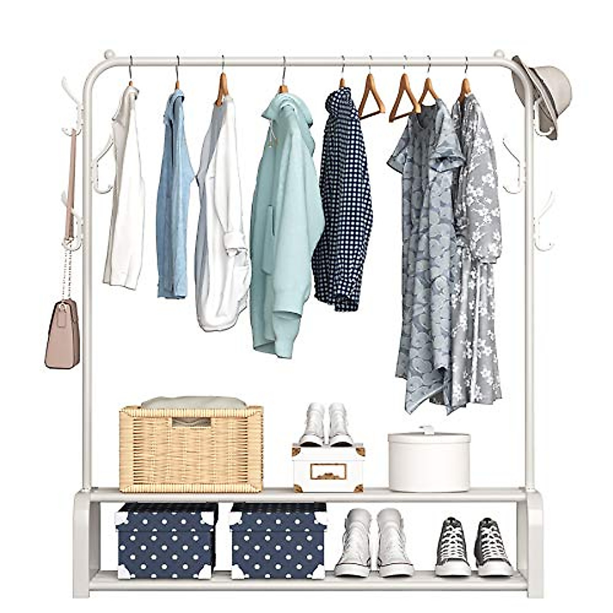 YAYI Garment Rack Clothes Rack Freestanding Hanger Bedroom Clothing Rack With 2-Tier Lower Storage Shelf And Side Hooks,White