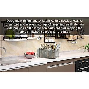 YBM HOME Mesh Basket Utensil Holder & Picnic Silverware Caddy Organizer with Four Compartments and Napkin Storage, Black