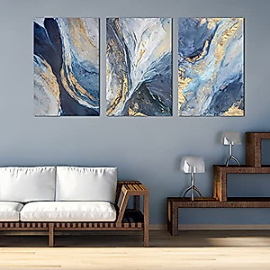 Looife Abstract Canvas Wall Art 24x36 Inch 3 Panels Blue and Yellow Lines Painting Picture Giclee Prints Gallery Wrapped Ready to Hang Artwork for Living Room Office Decoration