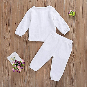 Toddler Baby Boy Girl Cotton Linen Pants Set Solid Long Sleeve T Shirt Top Drawstring Elastic Waist Pants Outfit (A-White, 12-24M)