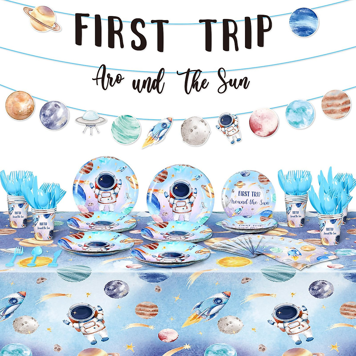 Pasimy 175 Pcs First Trip Around the Sun Birthday Party Supplies Outer Space 1st Birthday Decorations Plates Banner Napkins Tablecloth Solar System Galaxy Tableware Set Baby Shower Decor for 24 Guests