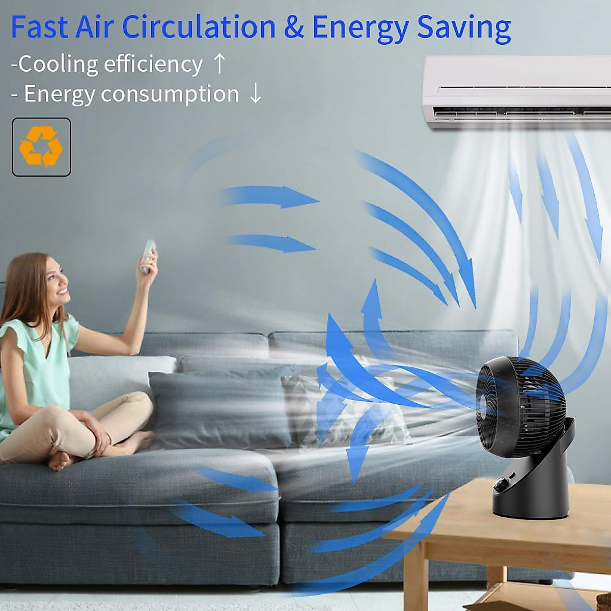 Jiffi Large Whole Room Air Circulator Fan, 360° Swing, Silent Setting, 3 Speeds, Suitable for Personal Floor Office and Whole Room Use.