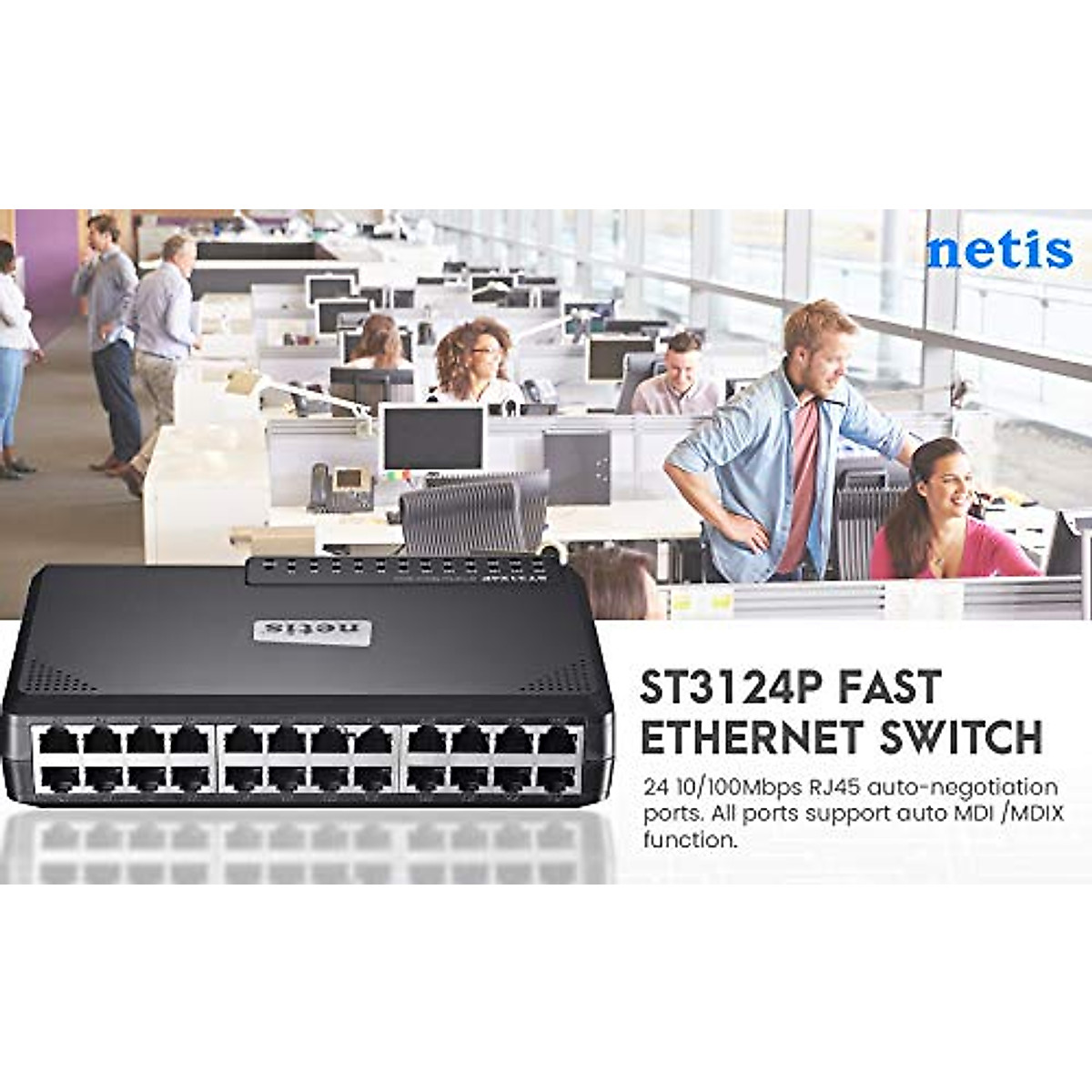 Netis ST3124P 24 Port 10/100Mbps Fast Ethernet Rackmount Switch with Plug-and-Play | Auto MDI/MDI-X, Desktop Ethernet Splitter and Hub, Plug and Play, Traffic Optimization, Compact Design