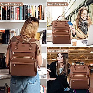 LOVEVOOK Leather Laptop Backpack for Women 15.6 inch,Travel Backpack Purse Nurse Teacher Backpack Computer Laptop Bag,Professional College Business Work Bags Carry On Backpack with USB Port,Brown