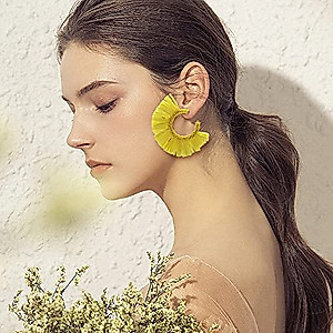 Raffia Hoop Drop Earrings for Women - Geometric C Shape Colorful Handmade Earrings, Bohemian Dangle Earrings(ER1200-Yellow)