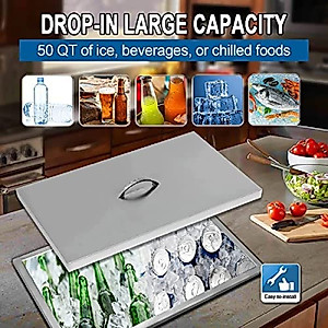 Drop-in Ice Chest Built in Ice Bin with Removable Cover SUS 304 Stainless Steel Ice Cooler Including Drain-Pipe & Drain Plug for Cold Wine Beer Beverage (23''L x 17''W x 13''H)
