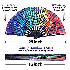 Gionforsy 2pcs Rave Hand fan Bamboo Holding Hand Fan Large Folding Fan with Bright Color Fabric Folding Fan for Festival (Style-2)