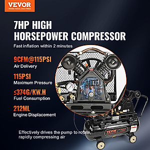 VEVOR 7HP Gas Powered Air Compressor, 13.2 Gallon Horizontal Air Compressor Tank, 9CFM@115PSI Gas Driven Piston Pump Air Compressed System with 115PSI Max Pressure for Construction Sites Workshop