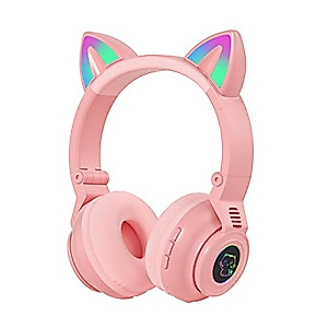 Headset Cat Ears Bluetooth Earphone Wireless Gaming Noise Cancelling 8 Hours with Mic USB Virtual Reality Detachable Cute Luminous Mouse Ear Rainbow RGB Flashing Light On-Ear Headphone (Pink) (ER-1)