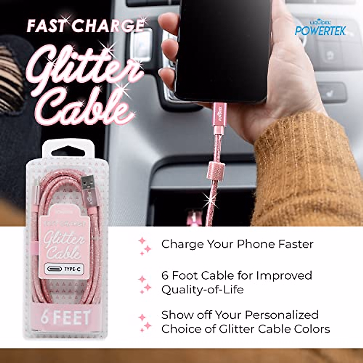 LIQUIPEL USB Type C Cable 6ft, USB A 2.0 to USB-C Fast Charger Extra Long Durable, Glitter Cables (Pink)