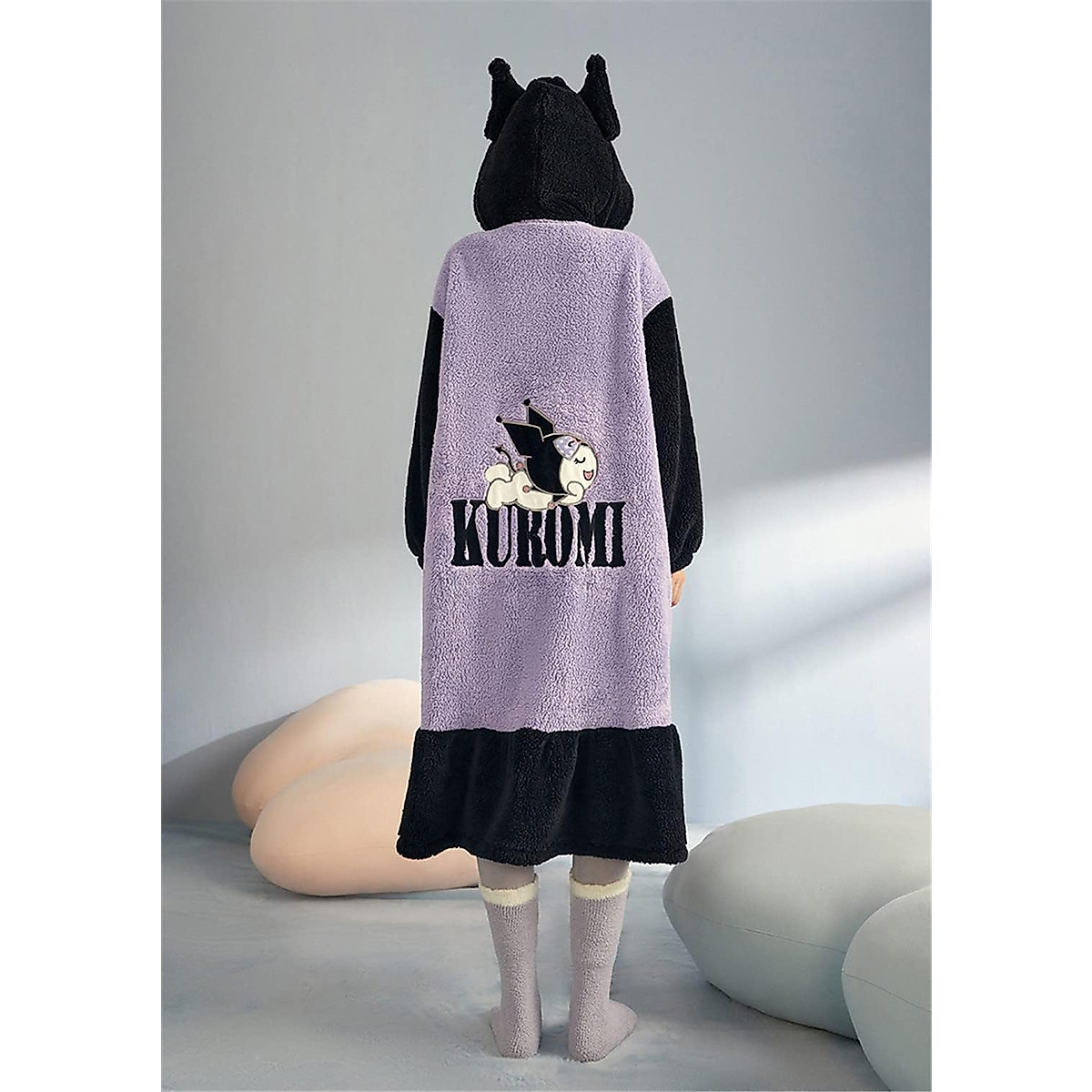 Akedimo Kawaii Anime Kuromi Winter Plush Thick Flannel Pajamas Soft Warm Comfortable Robe (Large)