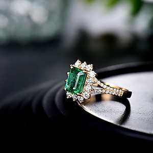 Lanmi Brilliant Natural Green Emerald Ring Solid 14K White Yellow Gold Engagement Wedding Diamonds Rings for Women Promotion