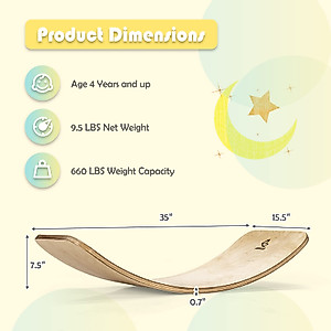 Goplus Wobble Board, 35Inch Wooden Balance Board for Kids & Adults Support 660LBS, Toddler Open-Ended Learning Toy Yoga Curvy Rocker Board for Balance Training, Home Exercise (15.5 INCH Width)