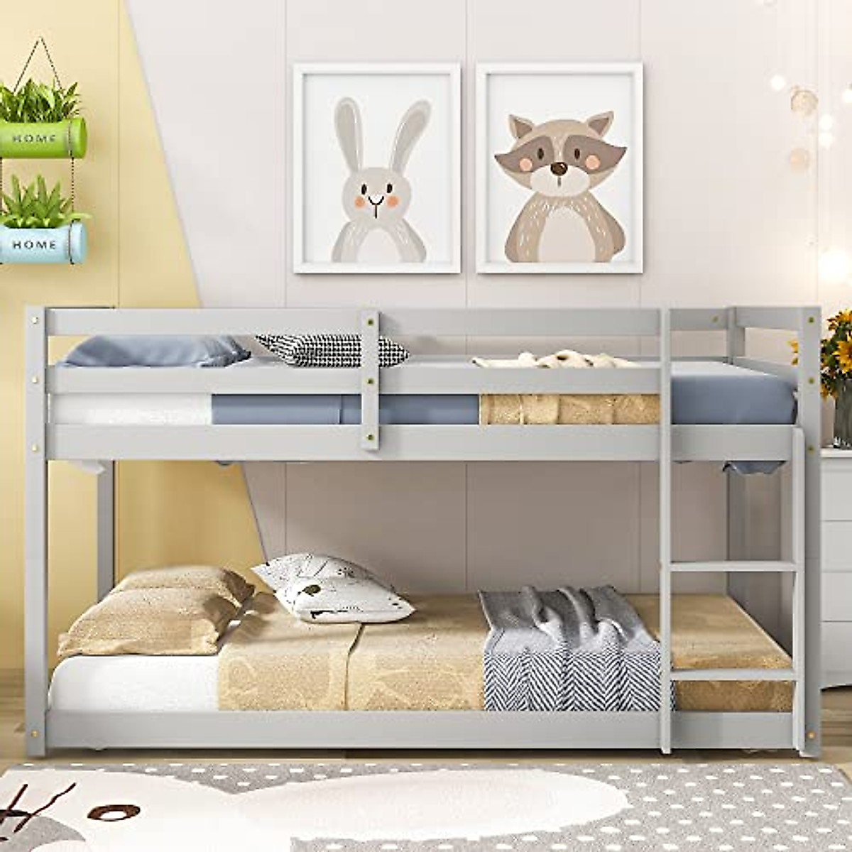 Majnesvon Twin Over Twin Low Bunk Bed with Safety Guardrail, Climbing Ladder, Easy to Assemble, Saving Space, Bed Bedroom Storage Guard Rail Ladder(Gray)